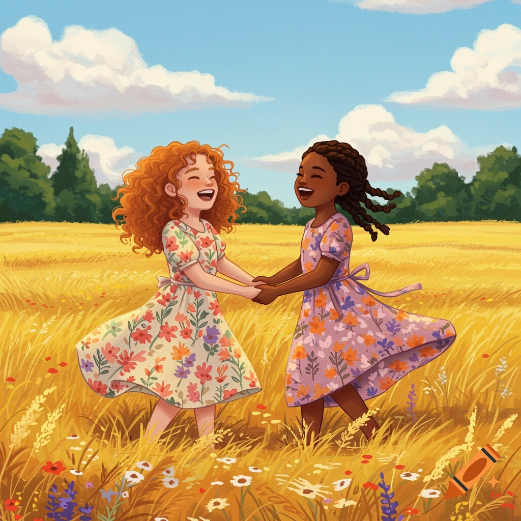 Illustrative scene of two giant blonde girls looking at a dollhouse in ...