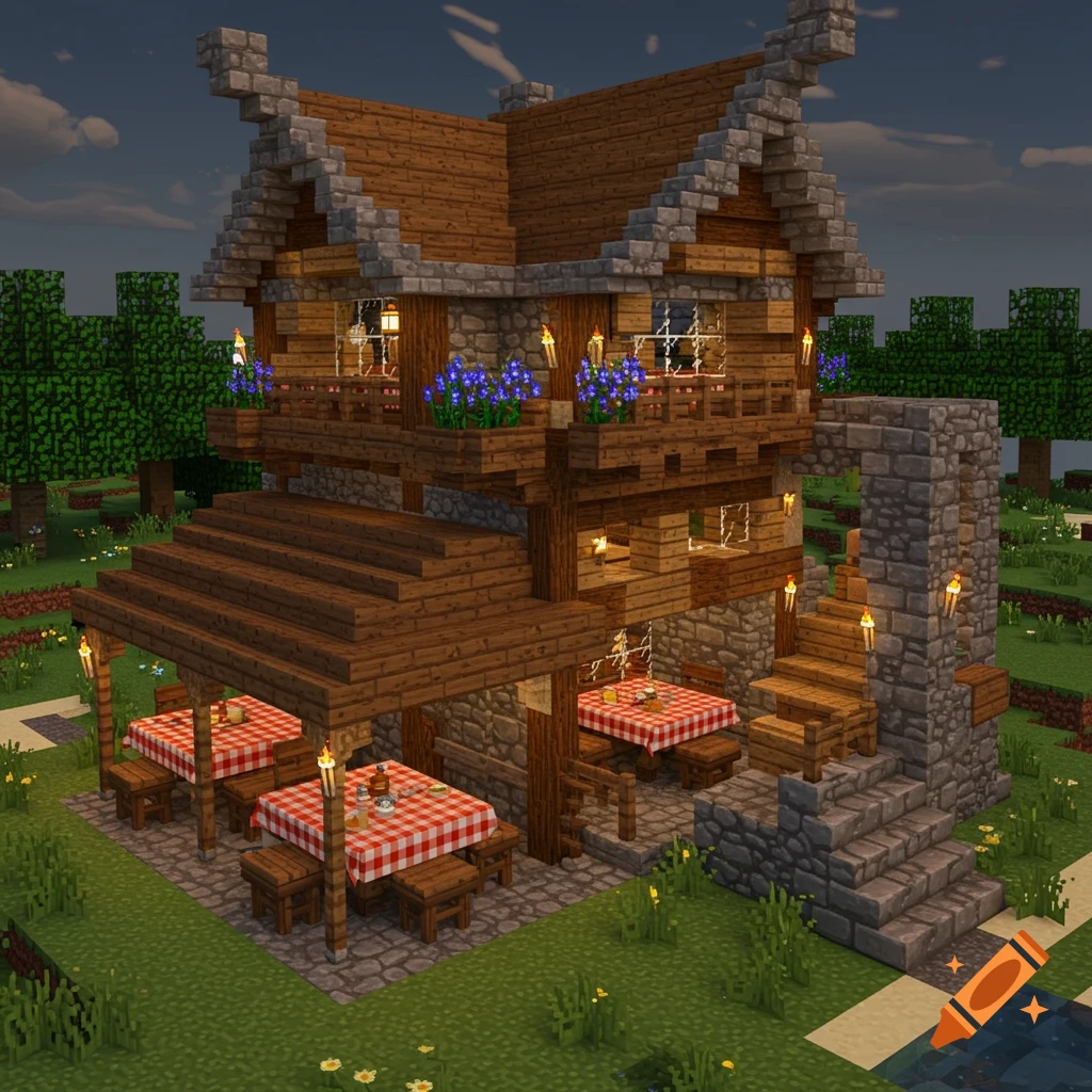 Rustic Minecraft restaurant building with outdoor checkered-table ...