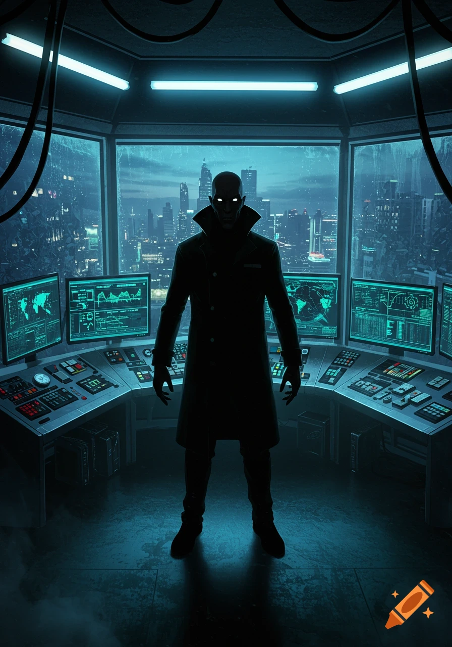 A dark, blocky character with a glowing green smiley face stands in a ...