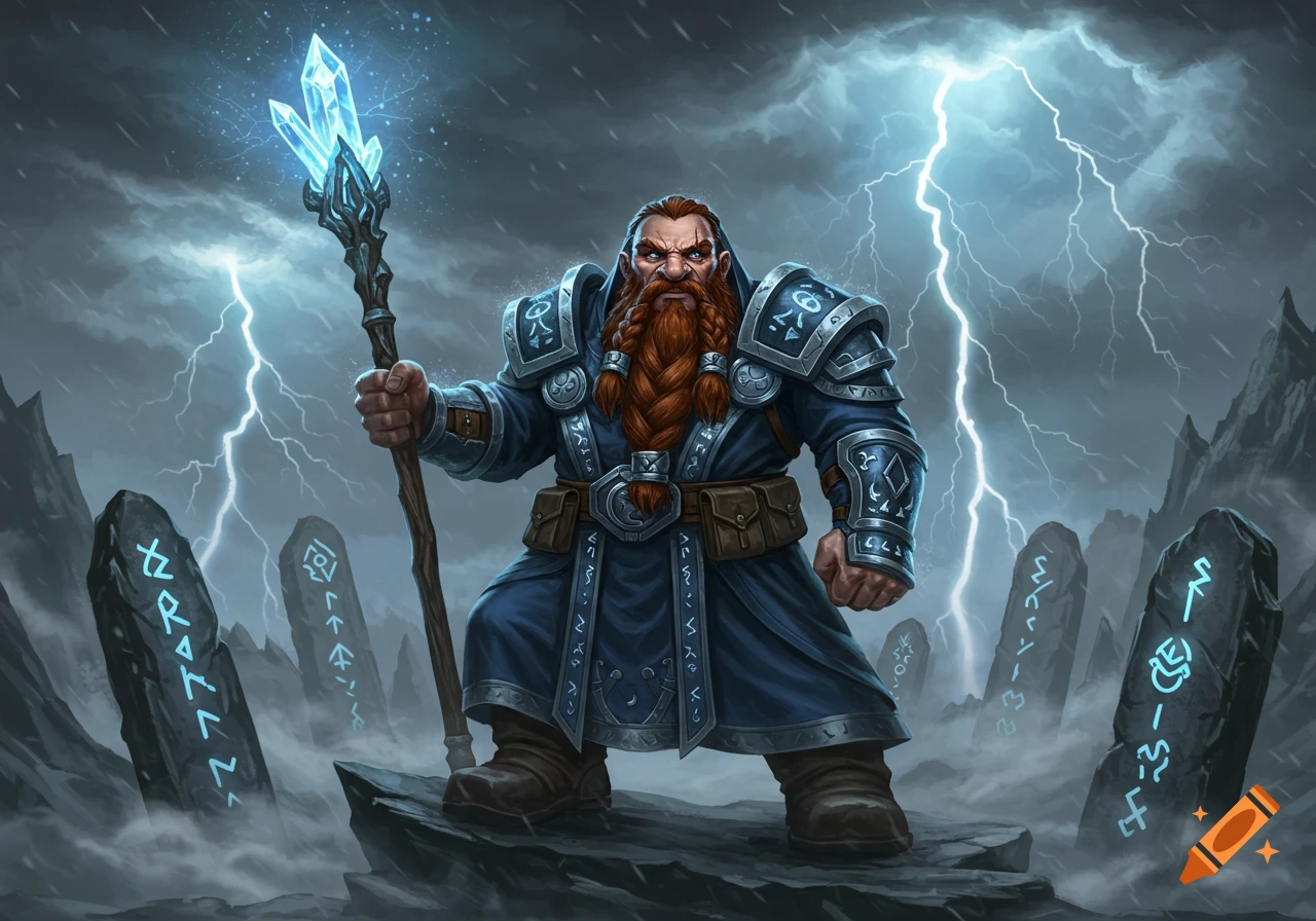 A muscular goliath warrior with glowing blue runes and a hammer stands ...