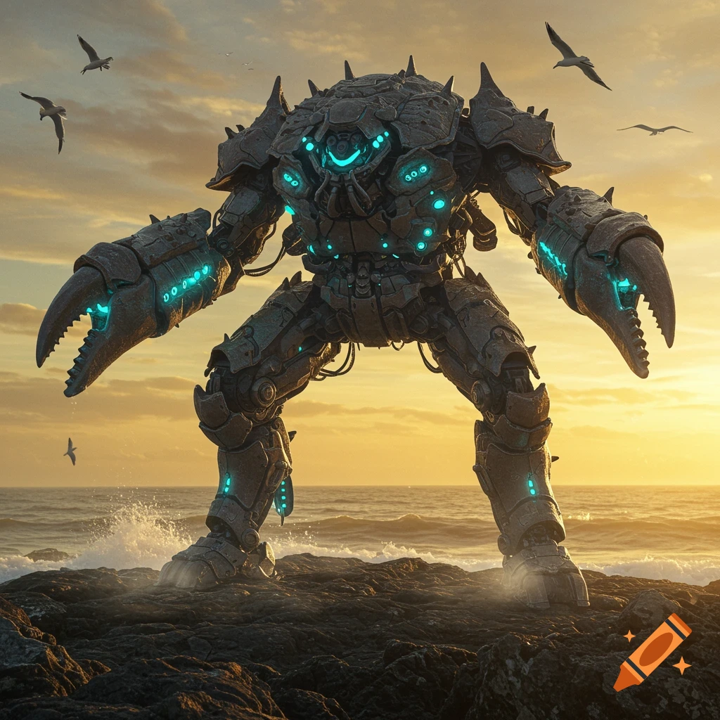 A towering crab-shaped mecha suit with glowing blue lights stands on a ...