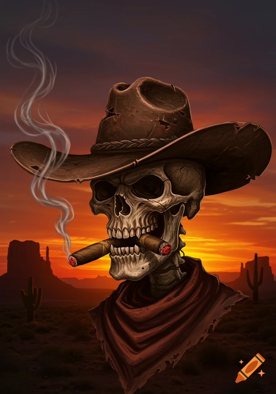 Stylized skull wearing a cowboy hat, smoking a cigar, perched on a ...