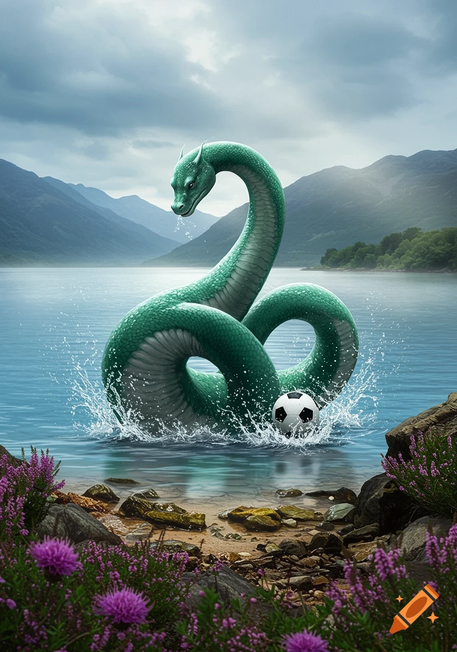 A vibrant green water dragon emerges from a sparkling lake, splashing ...