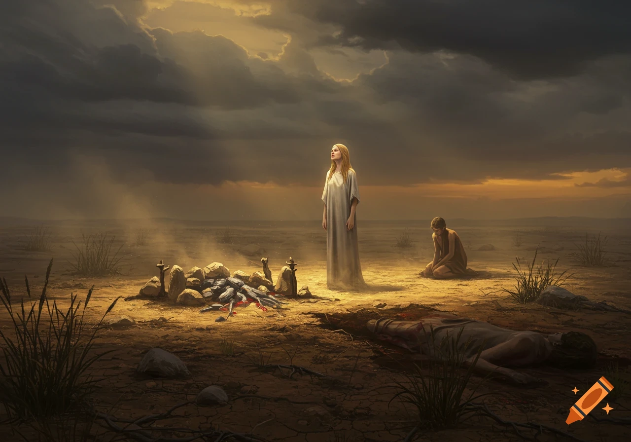 A grieving woman stands looking up in a barren desert landscape, while ...