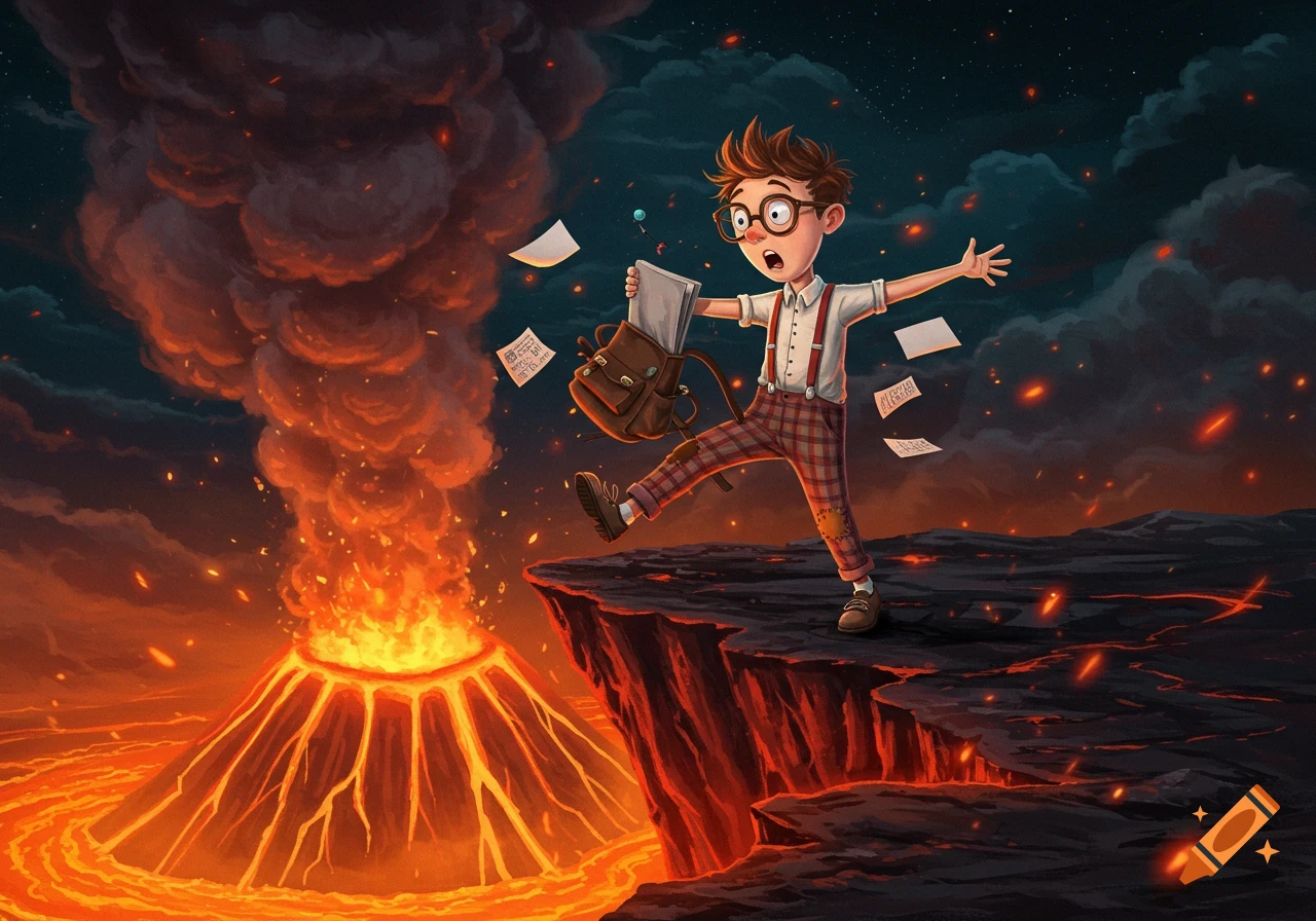 A cartoon boy with glasses, a backpack, and plaid pants is about to ...