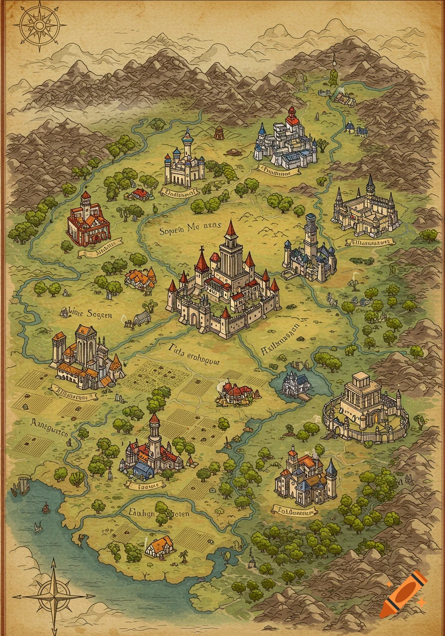 A detailed, hand-drawn fantasy map of a fictional land, featuring a ...