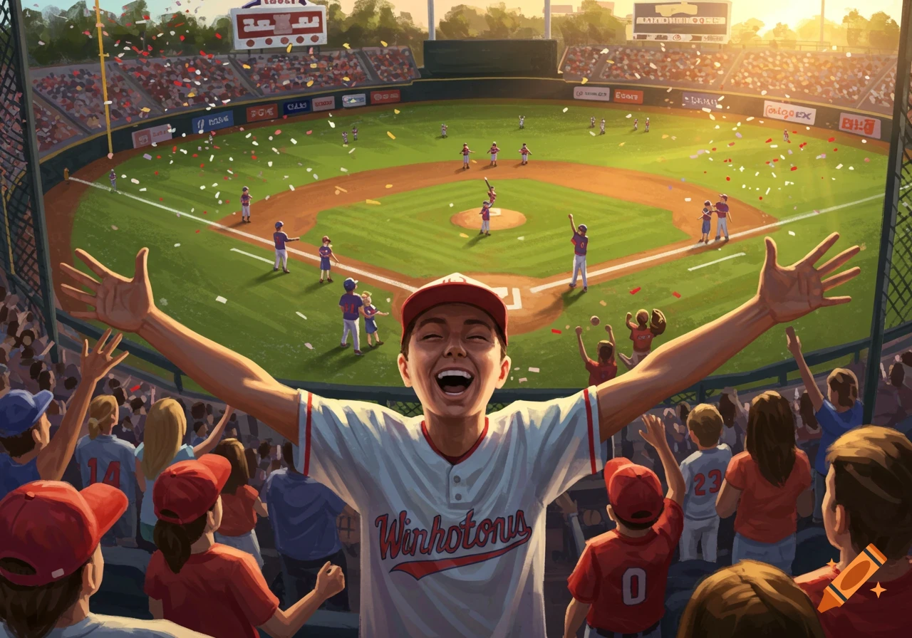 A young male soccer fan cheers excitedly in a stadium at sunset, holding a scarf overhead as ...