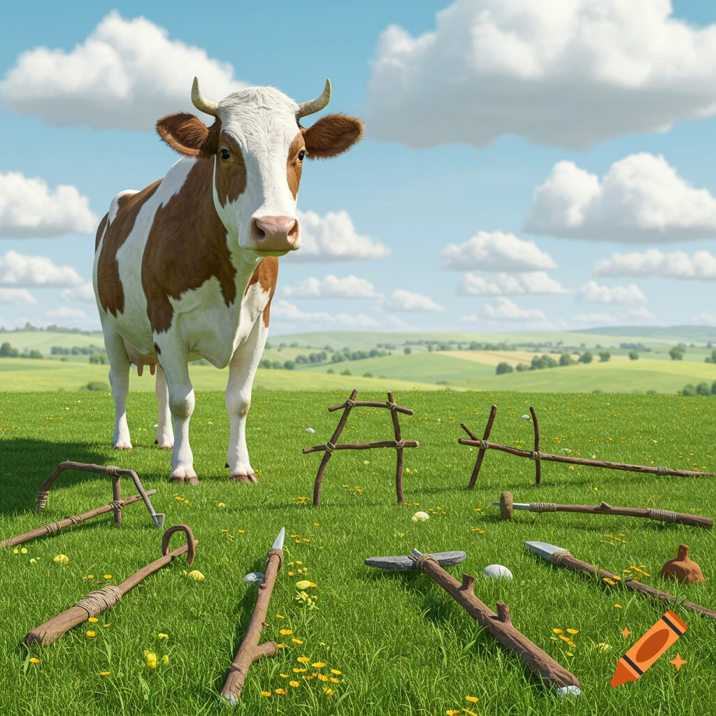 A photorealistic image of a brown and white cow standing in a green ...