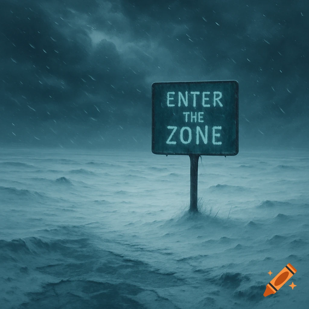 A weather-beaten sign saying 'ENTER THE ZONE' stands in a vast ...