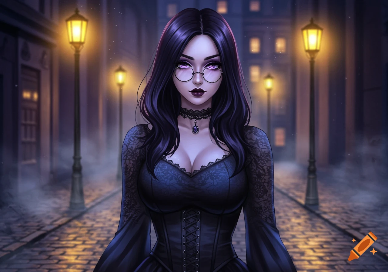 An anime-style goth woman with black hair and red eyes stands in a dark ...