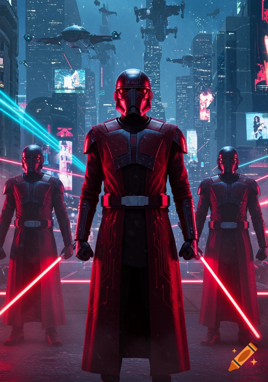 Three armored figures with red lightsabers stand in a futuristic ...