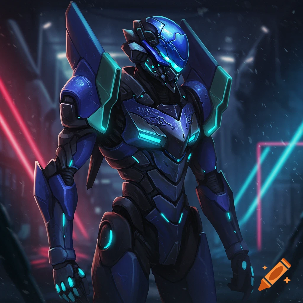 A highly detailed futuristic armor suit in royal blue and matte black ...