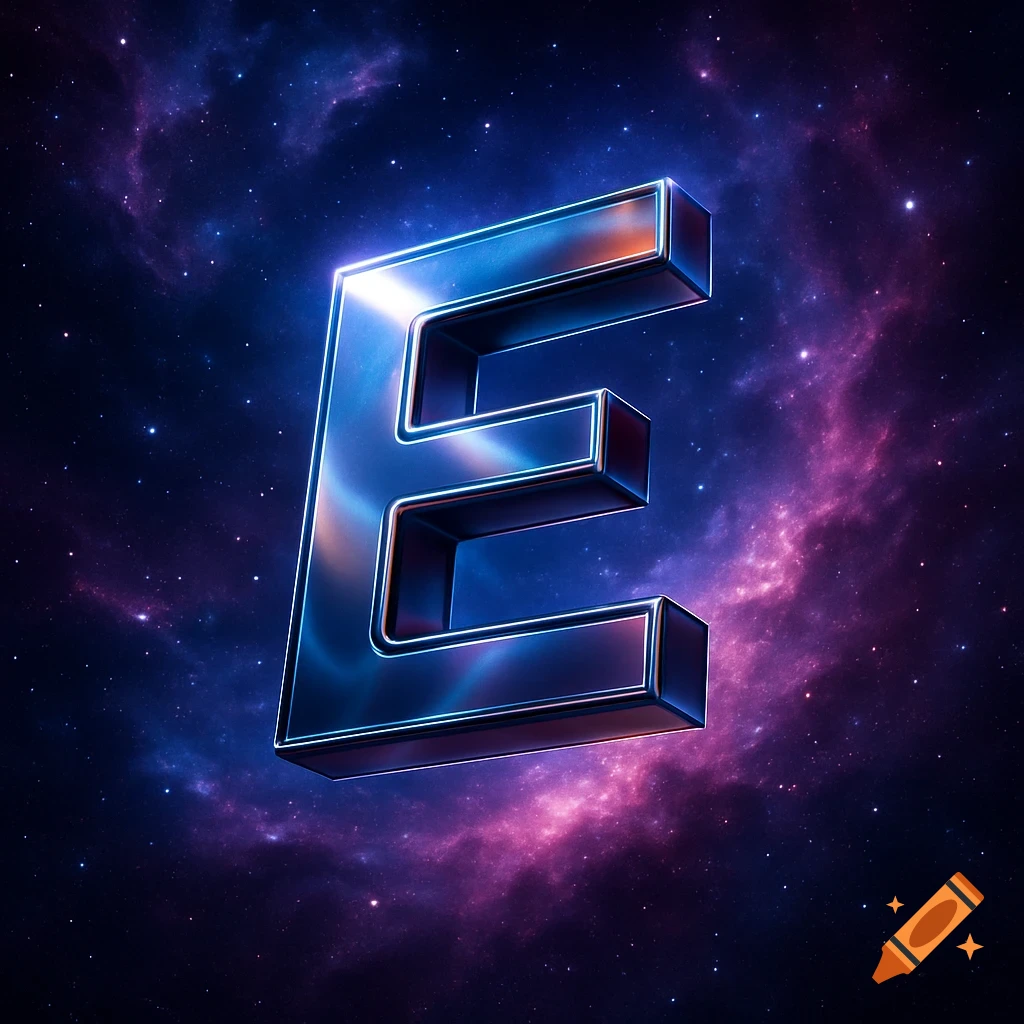 A large, shiny, metallic uppercase letter E floats in a vibrant purple ...