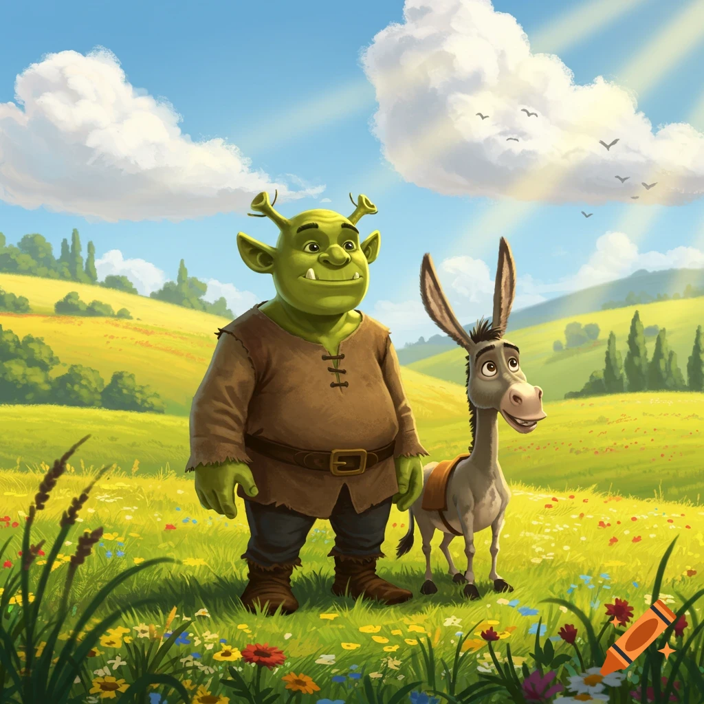 Shrek leaning on a dark green Ford Mustang GT on a dirt path in a sunny ...