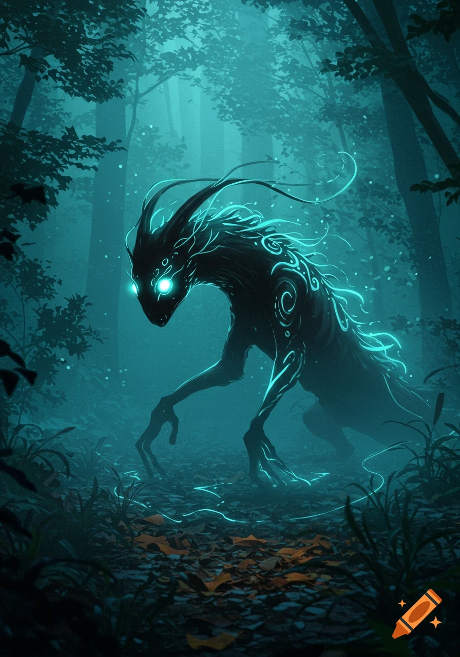 A monstrous, spiky green creature with glowing red eyes in a dark, misty swamp forest with ...