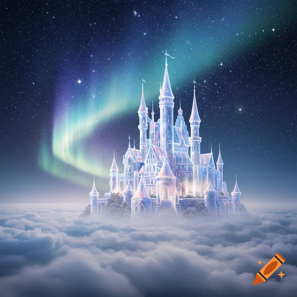 A glowing fantasy castle floats on clouds under a starry night sky with ...