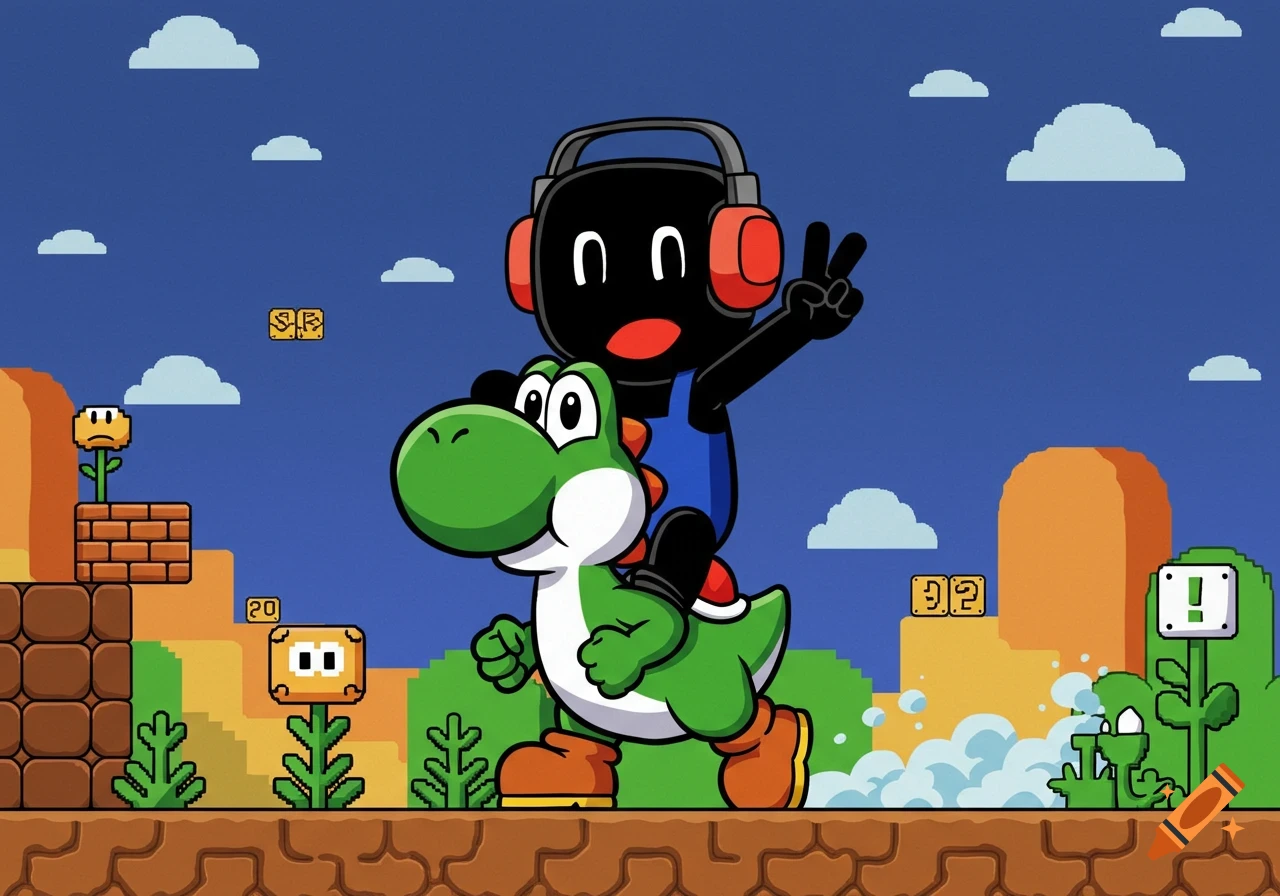 A black cartoon character with headphones rides Yoshi in a Super Mario ...