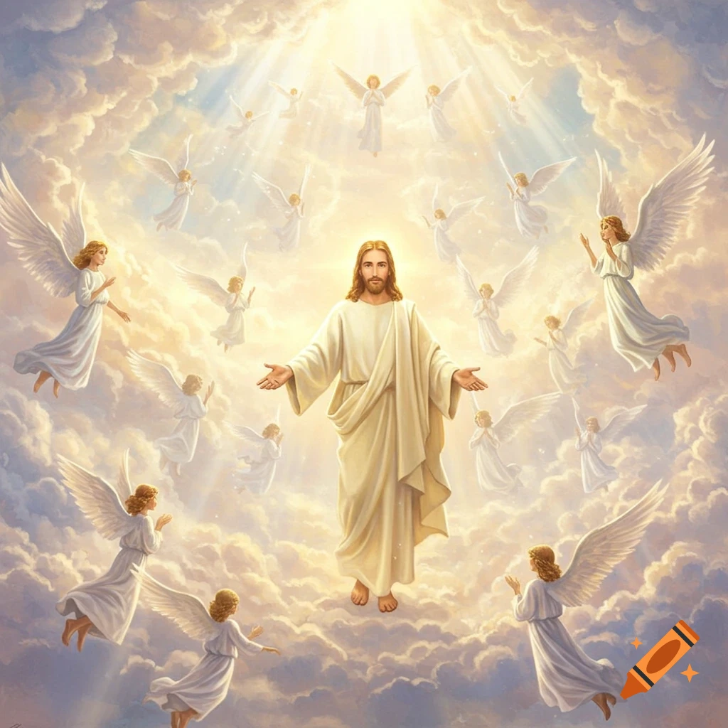 A painting of Jesus with outstretched arms, surrounded by numerous ...