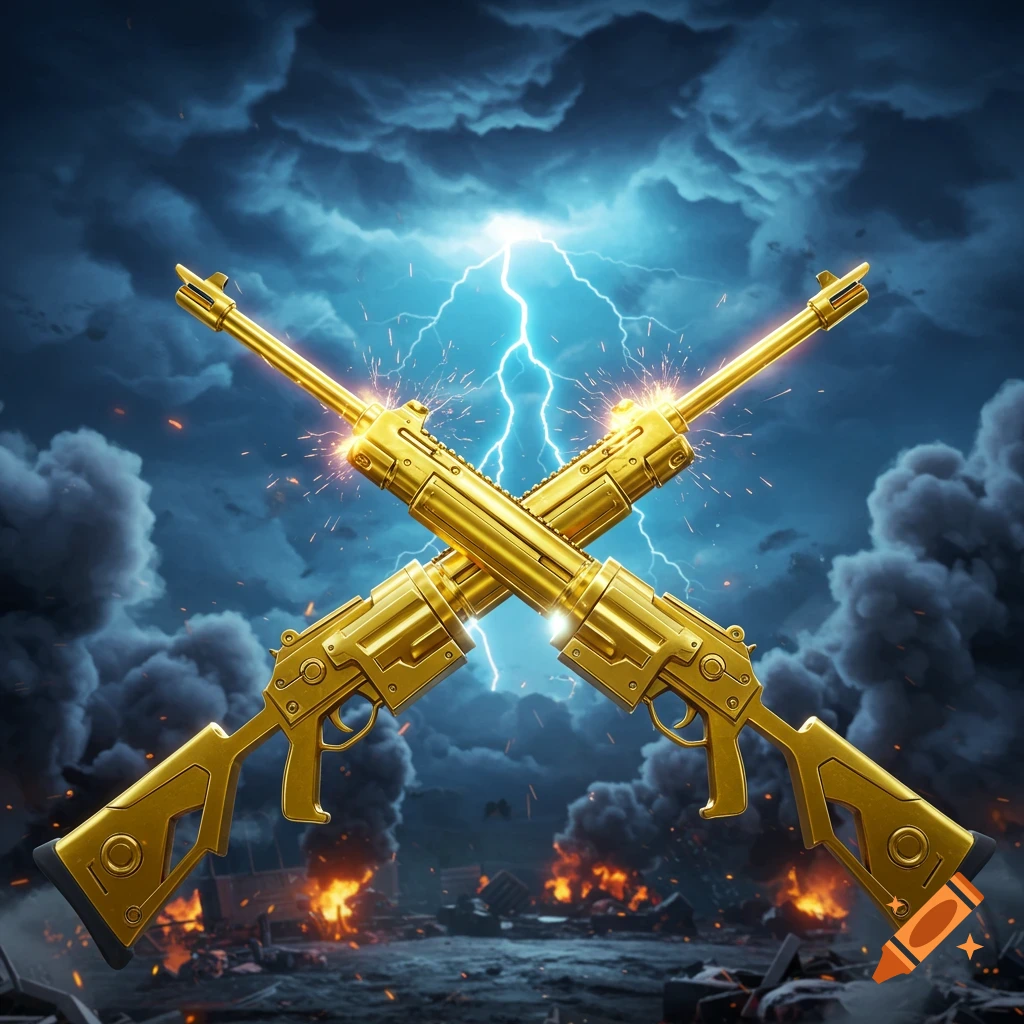 Two golden assault rifles crossed, with lightning and sparks in a ...