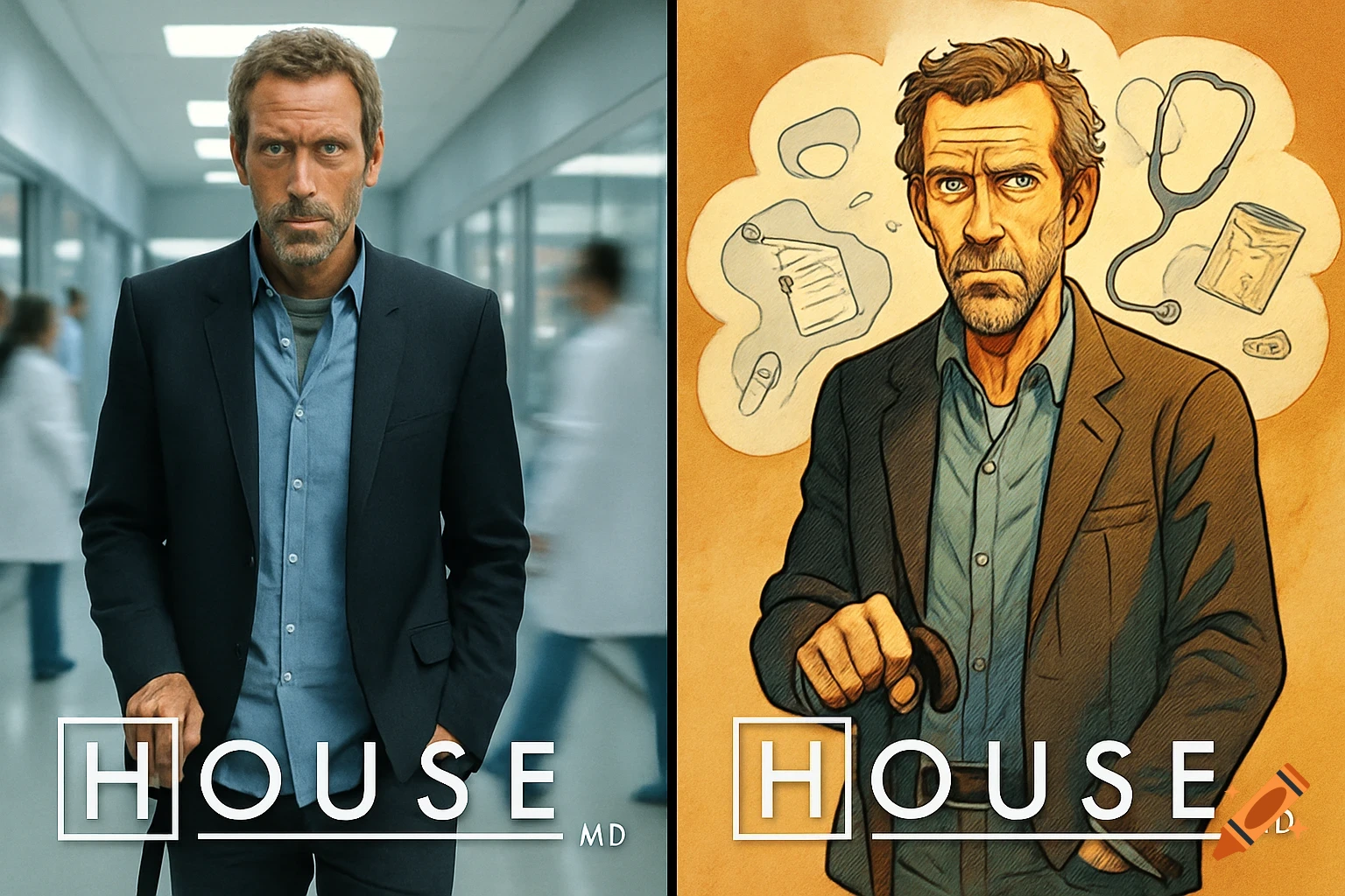 A split image showing Dr. House from the TV show 'House MD'. The left ...