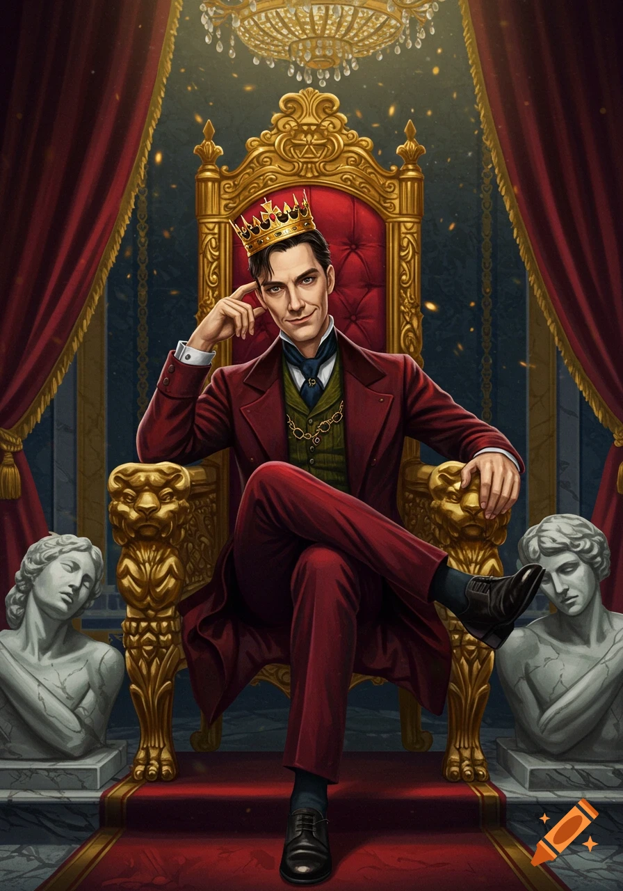 A man in a flowing red cape and suit sits on a toilet in a luxurious ...