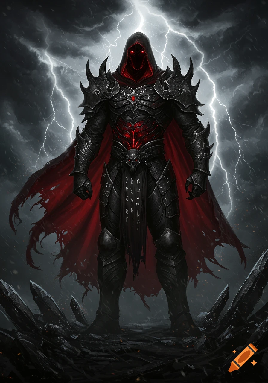 A dark fantasy illustration of a hooded assassin with glowing purple ...