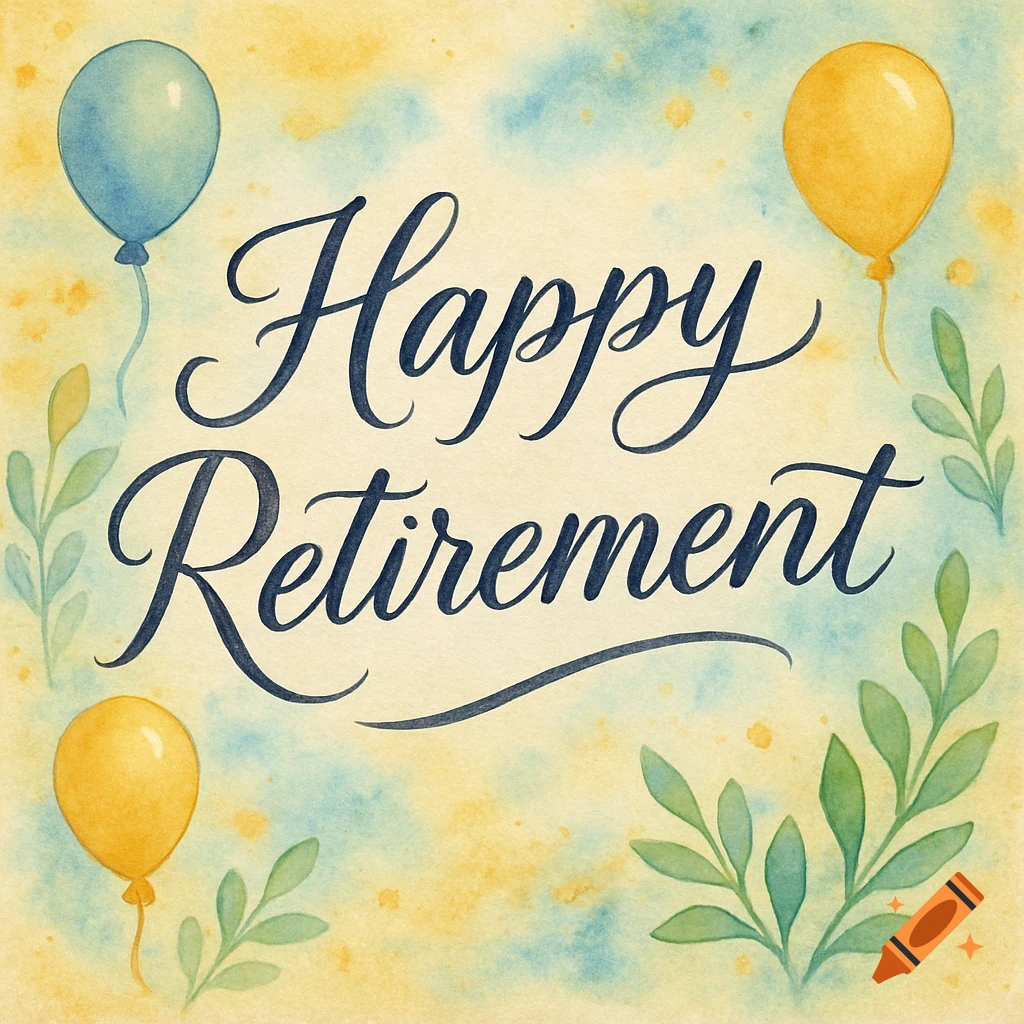 A watercolor illustration with "Happy Retirement" text, blue and yellow ...