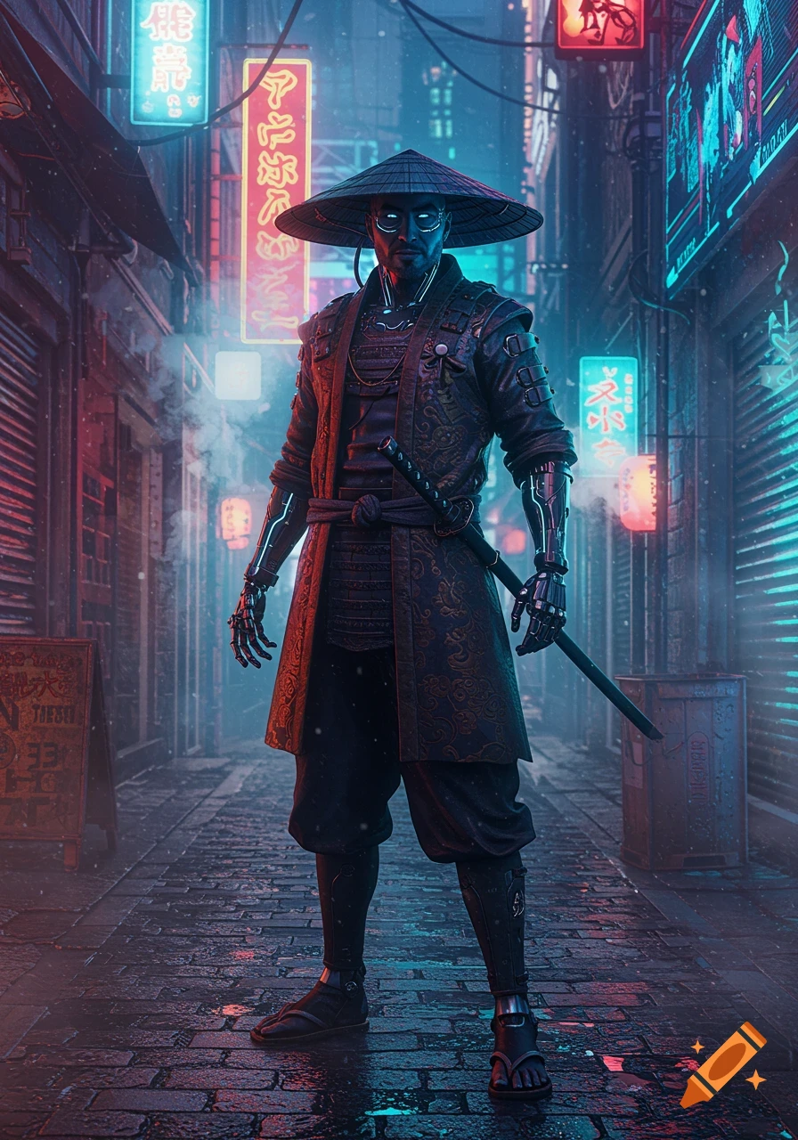 A cyberpunk street samurai in a straw hat and Japanese clothing stands ...