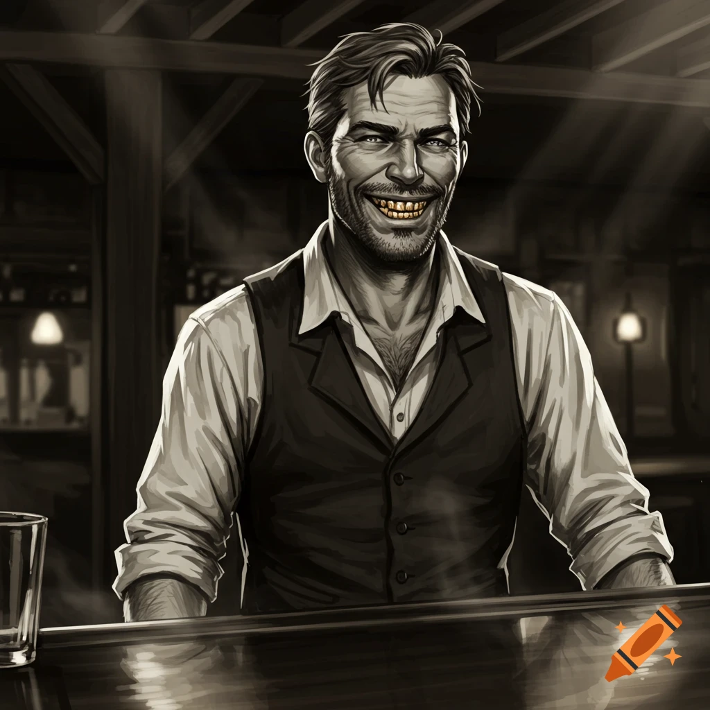 A black and white sketch of a grinning man with gold teeth behind a bar ...