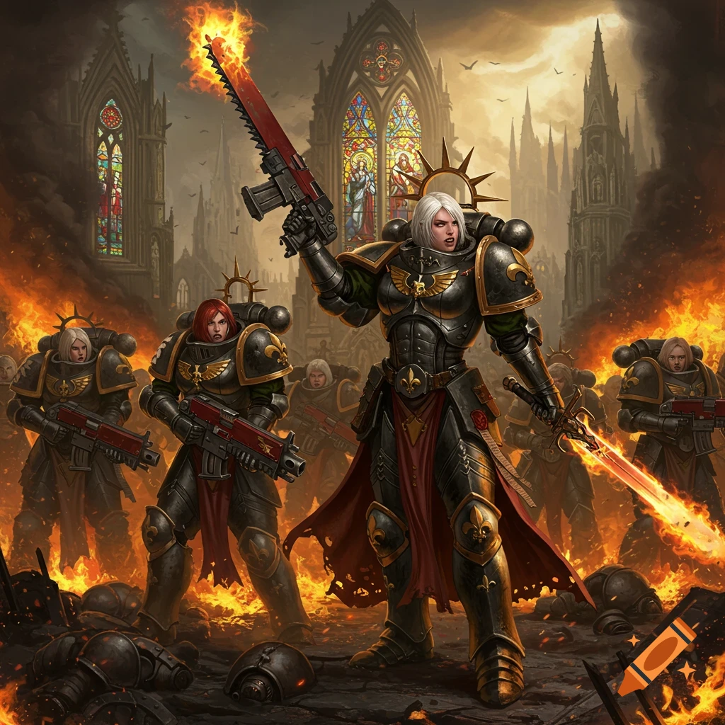 Armored female warriors, Sisters of Battle, stand with flaming weapons ...