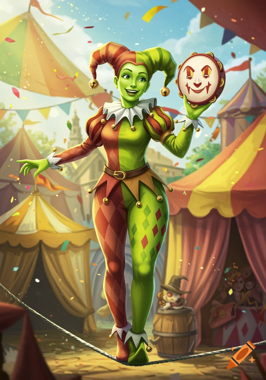 A smiling lime green female jester in a red and green diamond-patterned ...