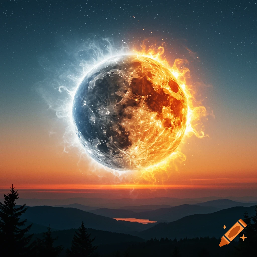 A celestial body, half fiery orange sun and half icy blue moon, glowing ...
