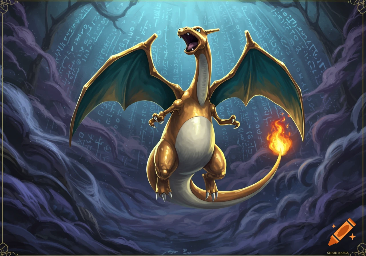 Charizard stands on a rocky cliff under a blue sky, with a rainbow arch ...