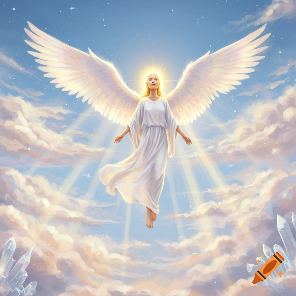 Two large white wings spread above a beautiful sky with sunrays ...