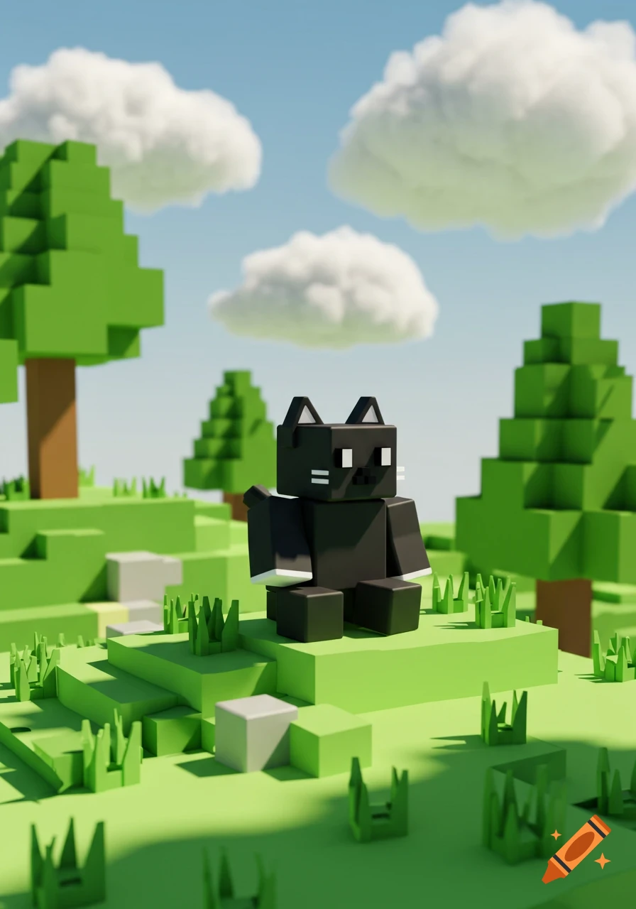 A blocky, Minecraft-style elephant stands on a flat green plain under a ...