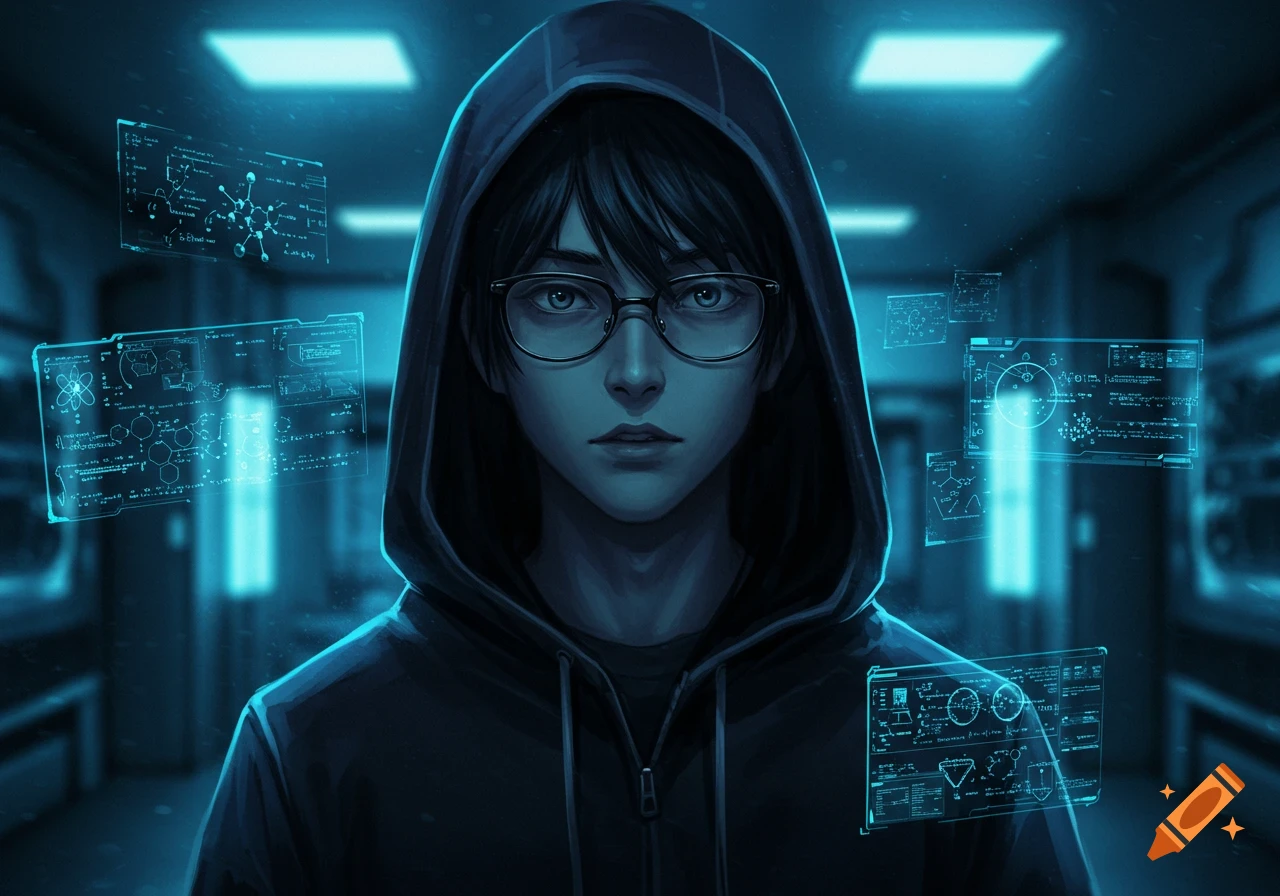 An anime-style male scientist with black hair and glasses wears a dark ...