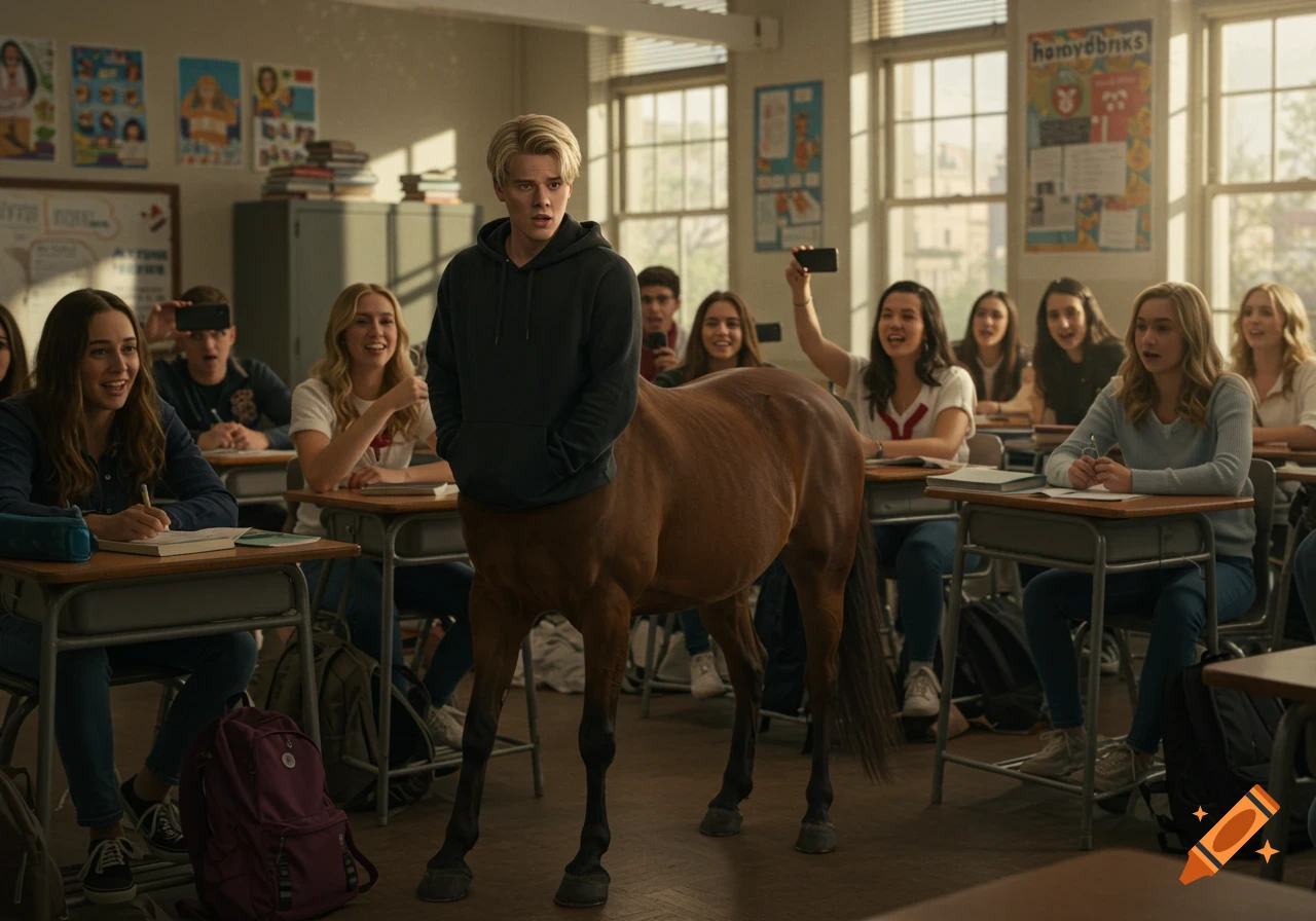 A blond centaur in a hoodie stands awkwardly in a high school classroom ...