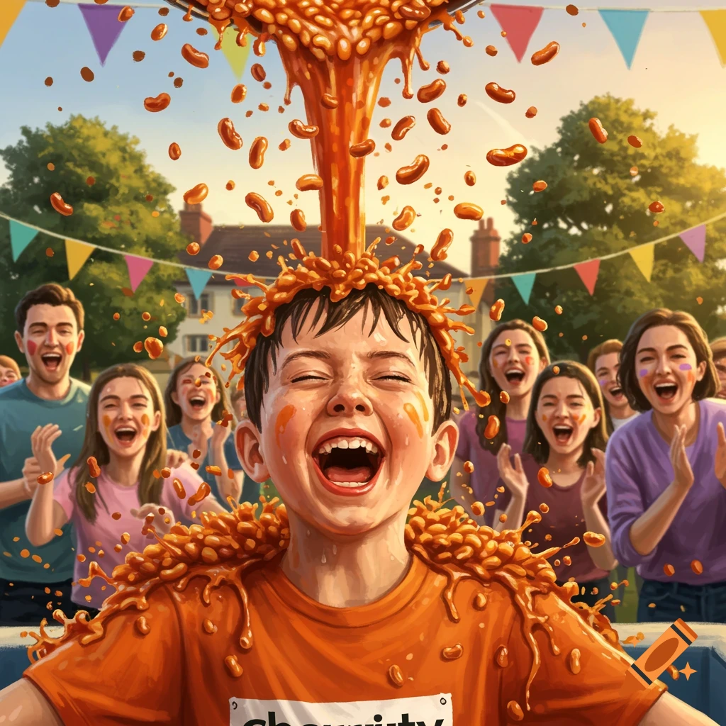 A boy laughs as baked beans are poured over his head at an outdoor ...