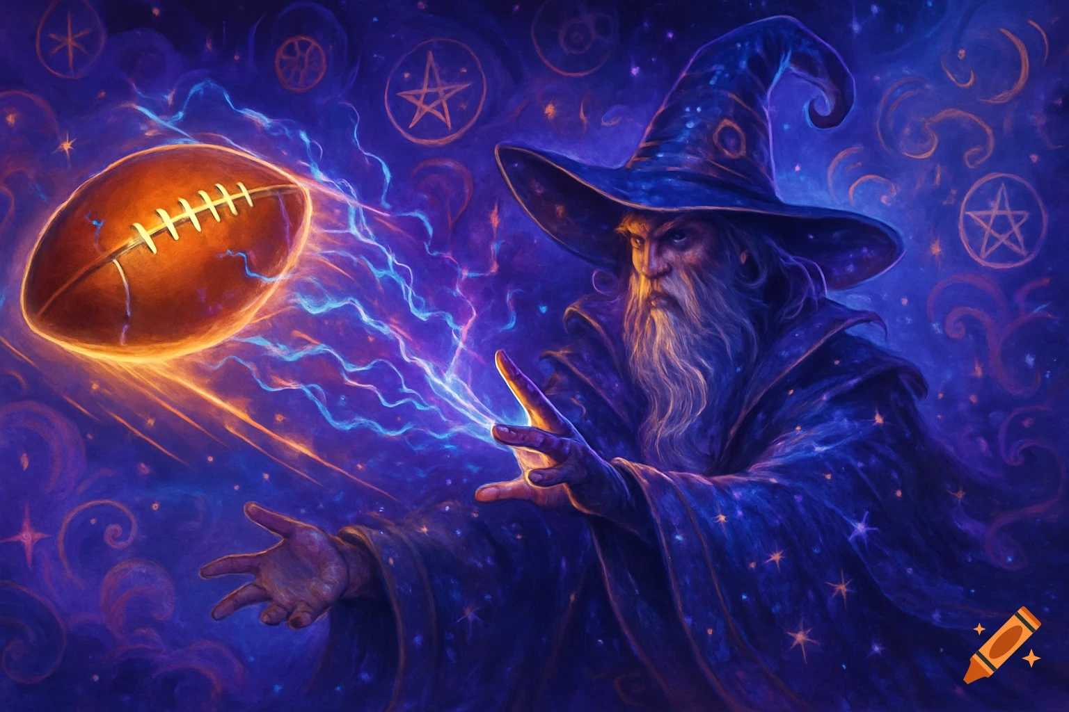 A wizard in a blue robe and hat casts a spell on a glowing American ...