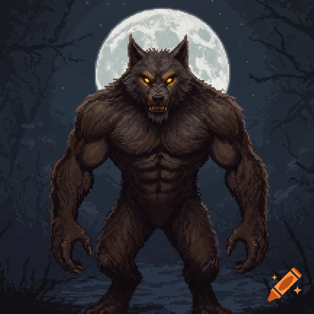 A pixel art werewolf with glowing yellow eyes stands in front of a full ...