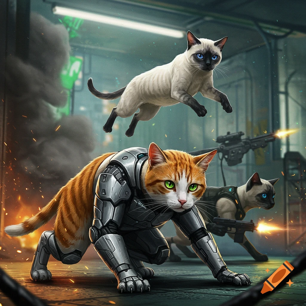 Anthropomorphic cats in futuristic military armor, wielding laser guns ...