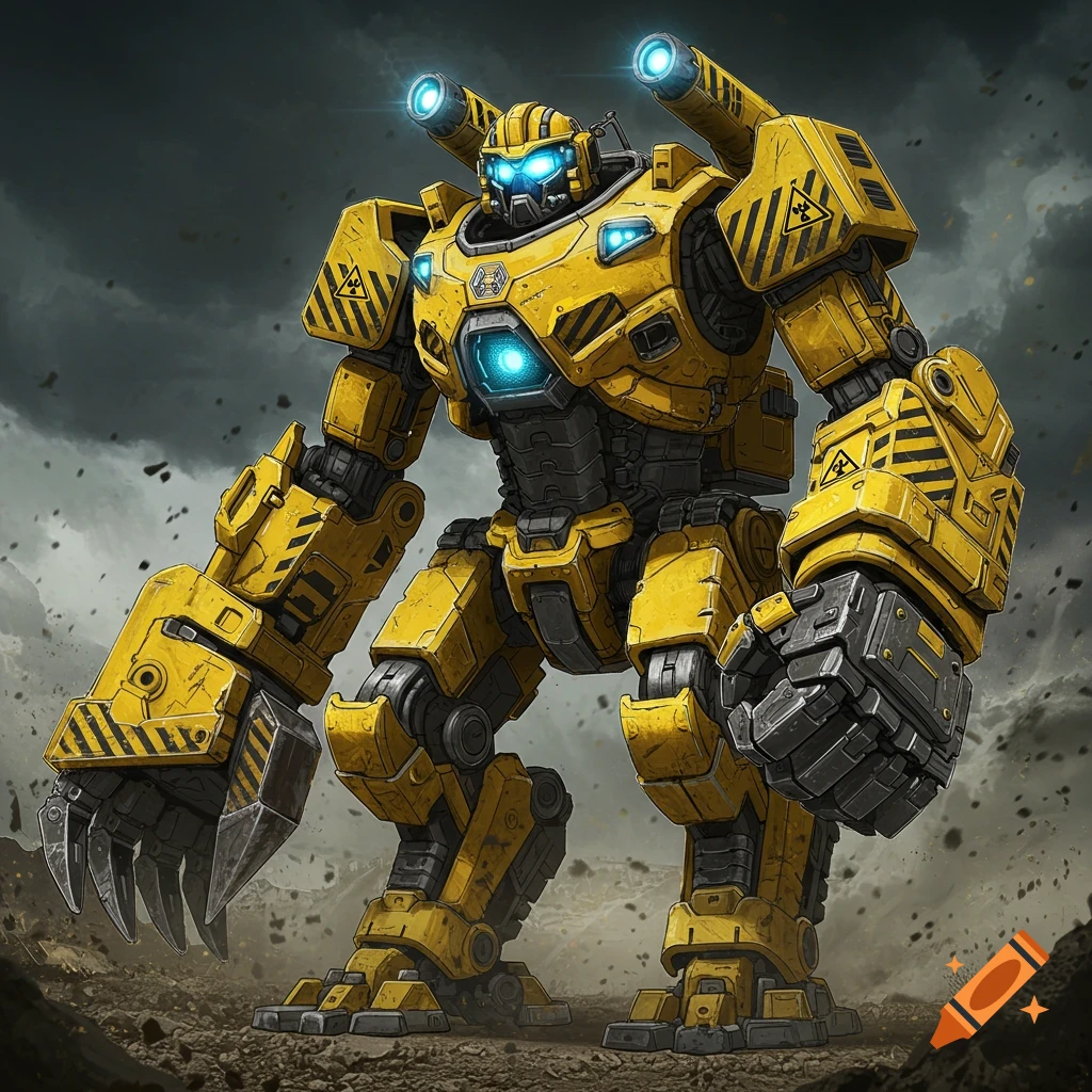 A massive yellow and black bulldozer-themed robot with glowing blue ...