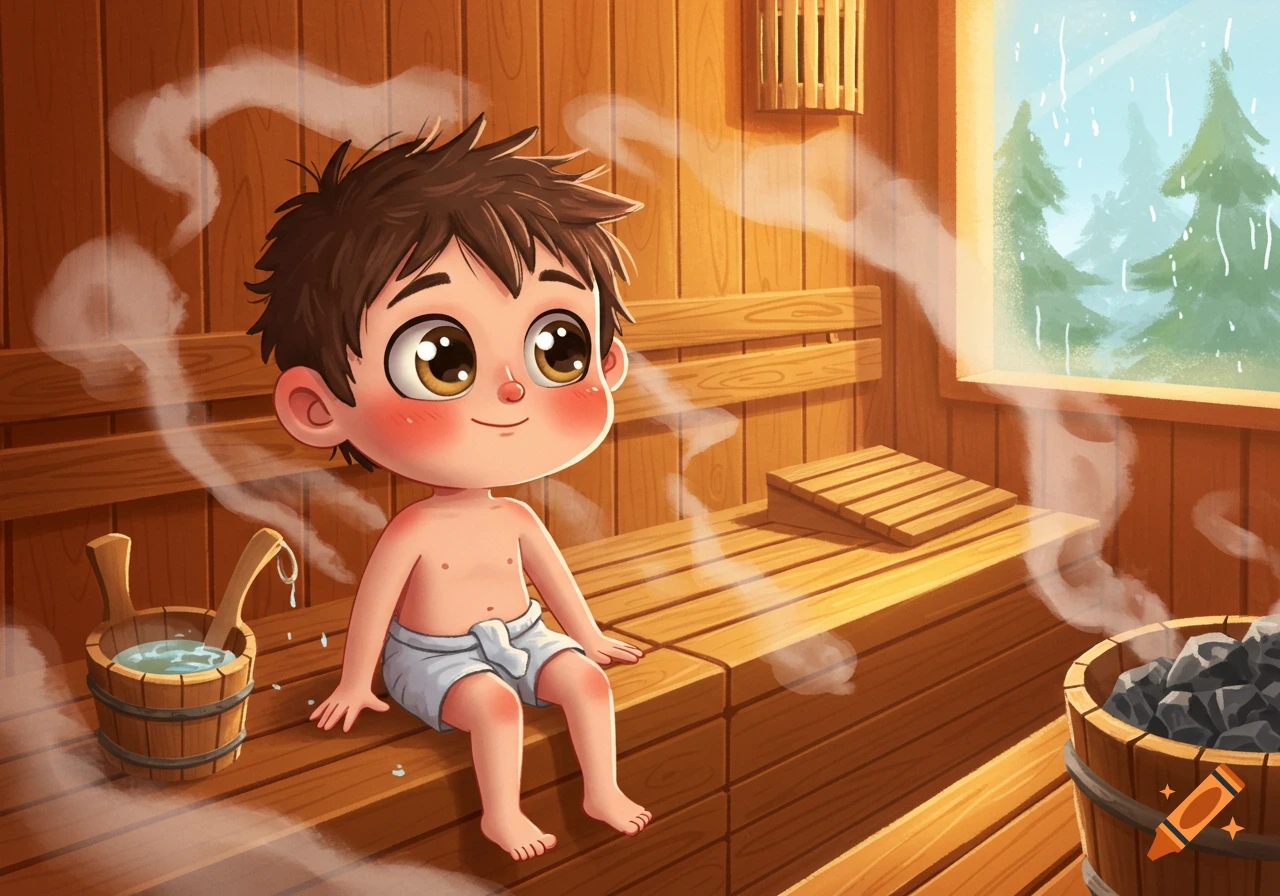 A cartoon boy with large brown eyes sits in a wooden sauna, steam ...