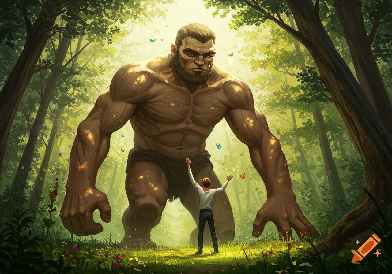A giant, muscular man with a beard stands in a sunlit forest, looking down at a much smaller man ...