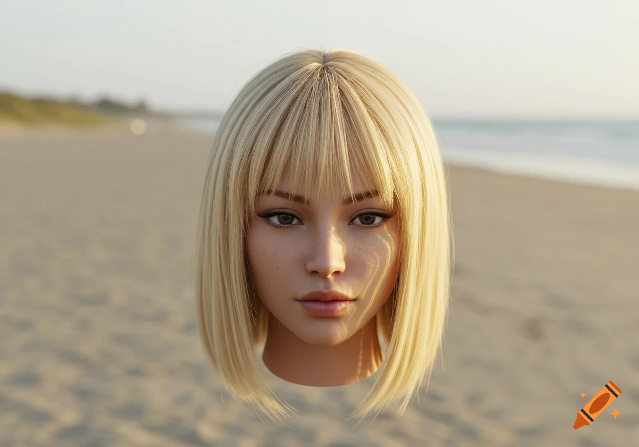 Photorealistic rendering of a young woman's blonde bob-cut head ...