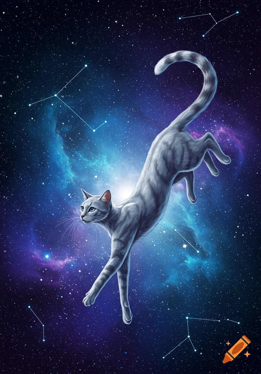A tabby cat pilots a silver rocket through a vibrant galaxy with ...