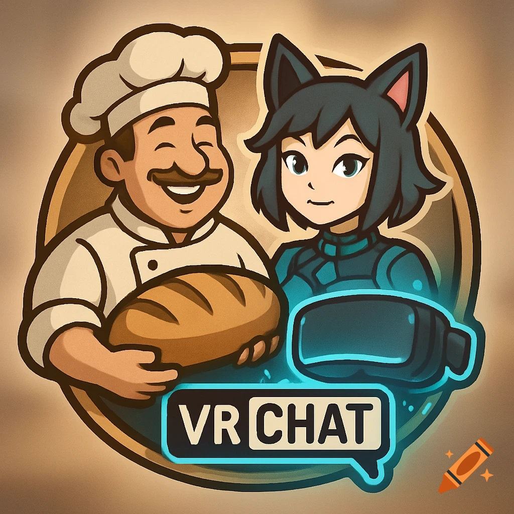 Cartoon emblem featuring a baker holding bread next to a cat girl, with ...