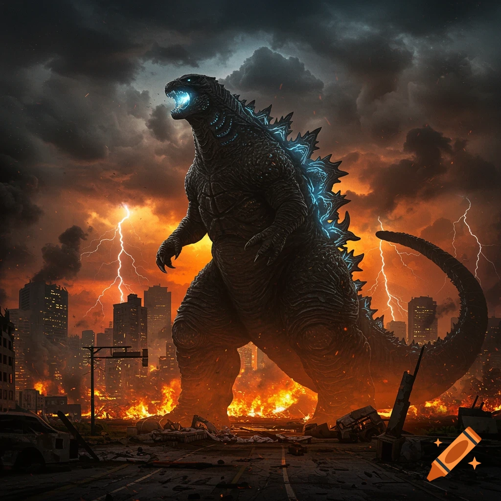 A giant green Godzilla monster stands over a burning cityscape with small cars below, in a retro ...