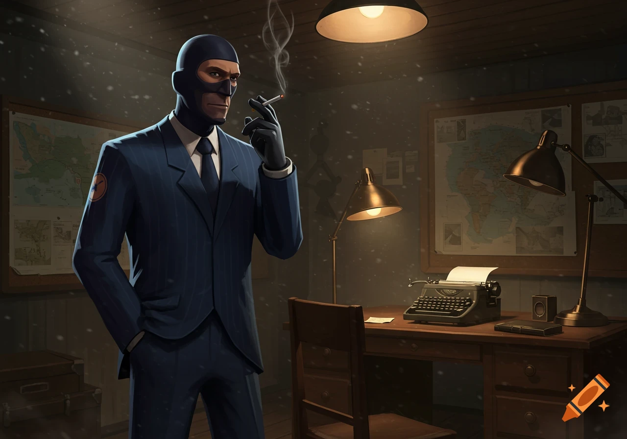 A polygonal secret agent, reminiscent of Goldeneye 007, holds a gun in ...