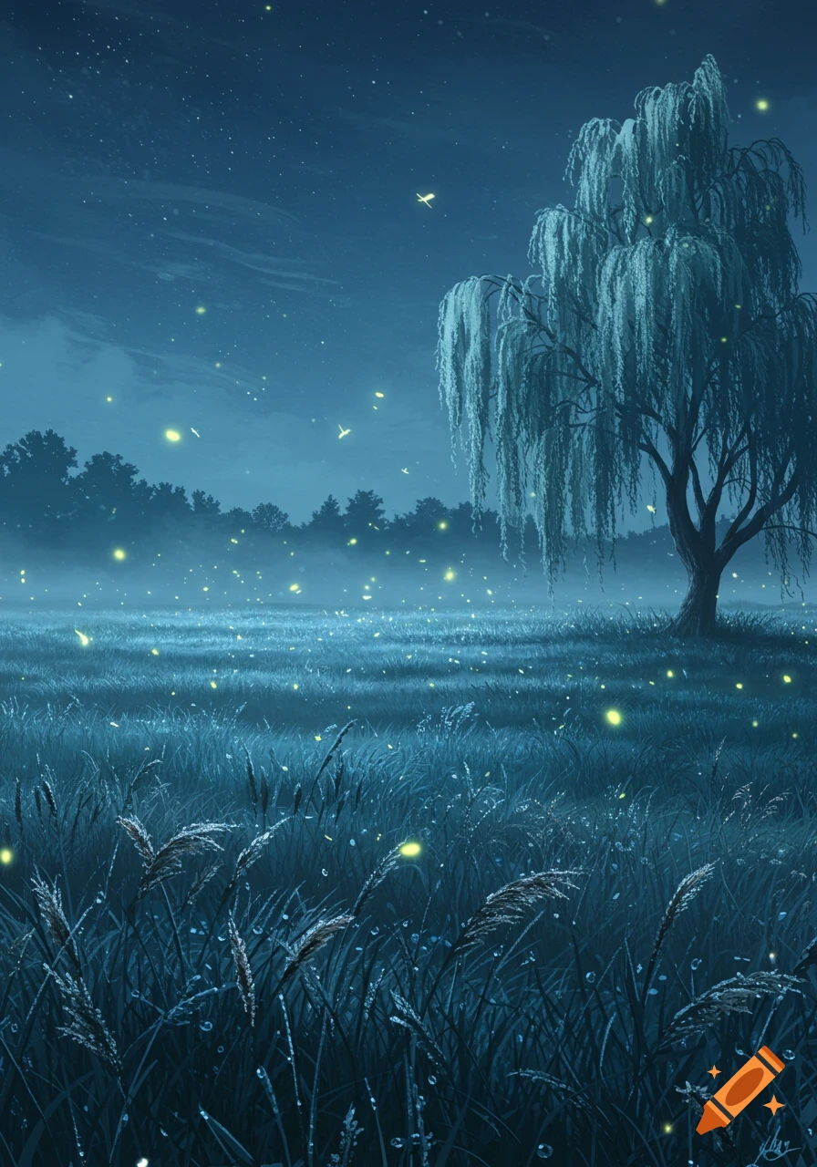 A weeping willow tree stands beside a lake with fireflies at night. on ...